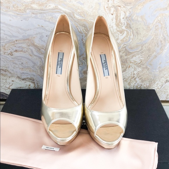Prada | Shoes | Prada Gold Peep Toe Pump | Poshmark